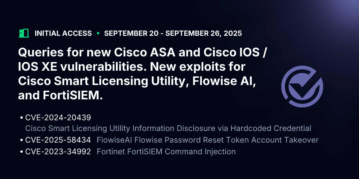 Queries for new Cisco ASA and Cisco IOS / IOS XE vulnerabilities. New exploits for Cisco Smart ...